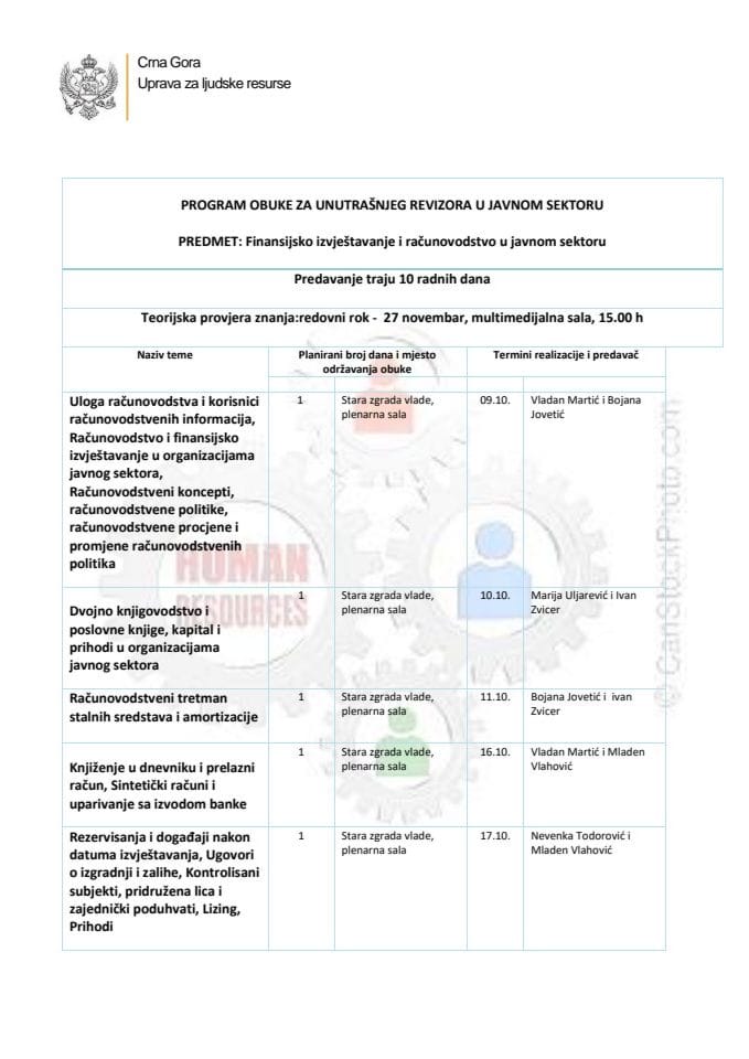Kalendar obuka za realizaciju Programa obuke za unutrašnjeg revizora u ...