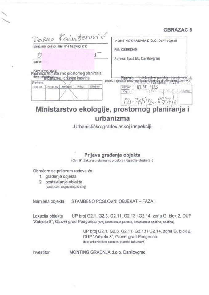 Prijava početka građenja objekta - 121-745-23-8937-1 MONTING GRADNJA ...