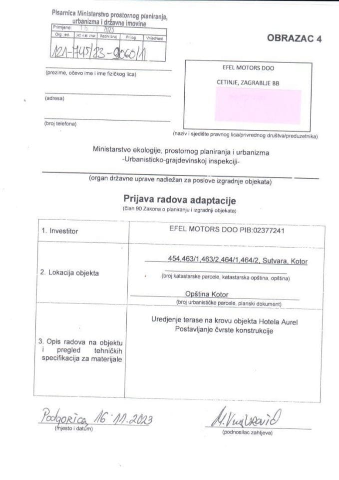 Prijava radova adaptacije - 121-745-23-9060-1 EFEL MOTORS DOO