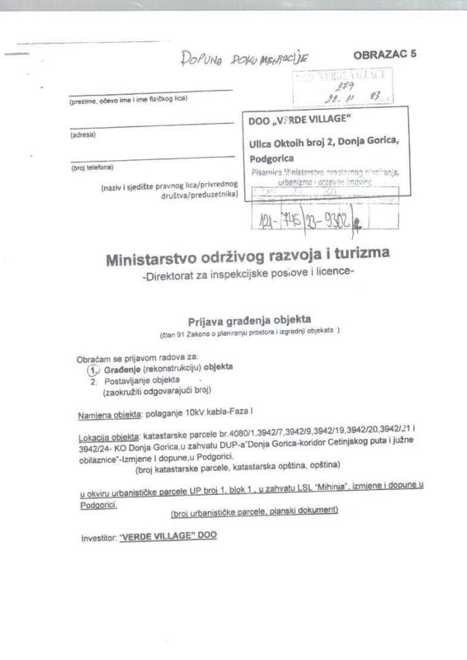 Prijava početka građenja objekta - 121-745-23-9302-2 VERDE VILLAGE DOO