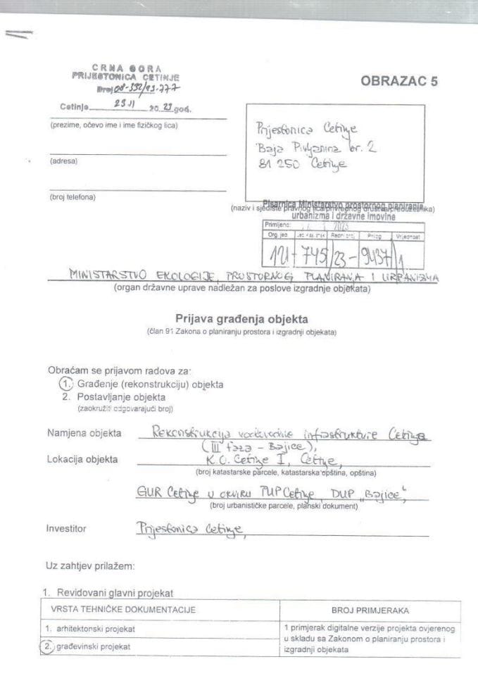 Prijava početka građenja objekta - 121-745-23-9437-1 PRIJESTONICA CETINJE