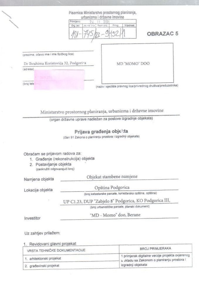 Prijava početka građenja objekta - 121-745-23-9452-1 MD MOMO DOO BERANE