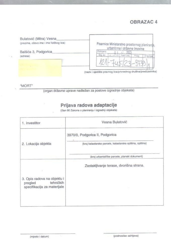 Prijava radova adaptacije - 121-745-23-9739-1 BULATOVIĆ VESNA