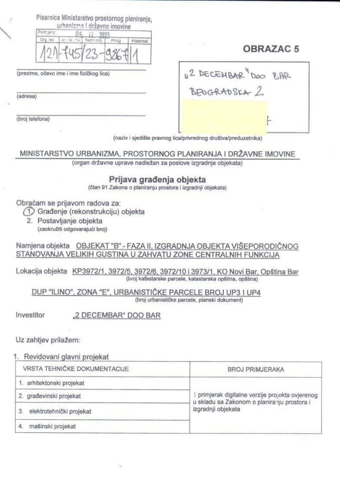 Prijava početka građenja objekta - 121-745-23-9867-1 2 DECEMBAR DOO BAR