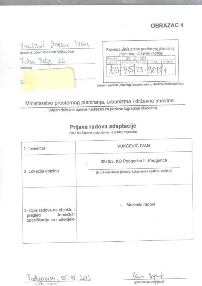 Prijava radova adaptacije - 121-745-23-9873-1 VUKČEVIĆ IVAN