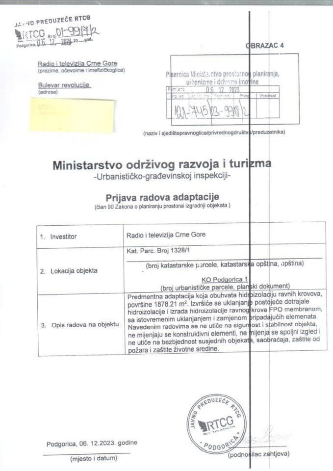 Prijava radova adaptacije - 121-745-23-9918-2 RADIO I TELEVIZIJA CRNE GORE