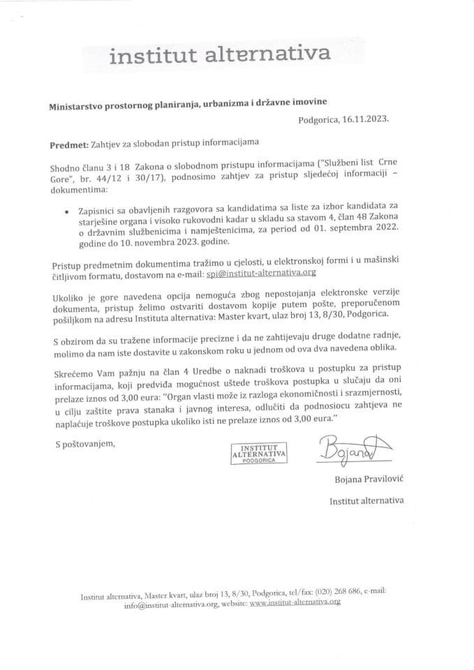 Zahtjevi - Slobodan pristup informacijama - 01-037-23-1592-1 Zahtjev za SPI Institut alternativa