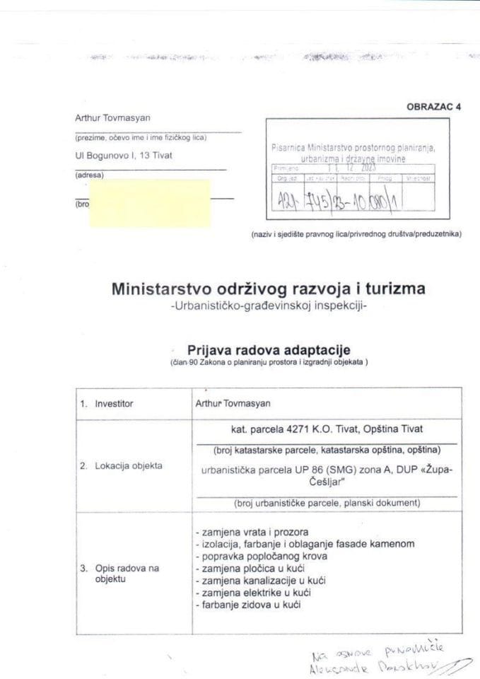 Prijava radova adaptacije - 121-745-23-10080-1 ARTHUR TOVMASYAN