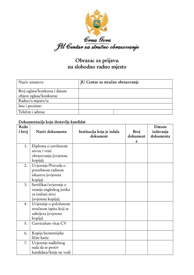 Obrazac-Prijava na slobodno radno mjesto