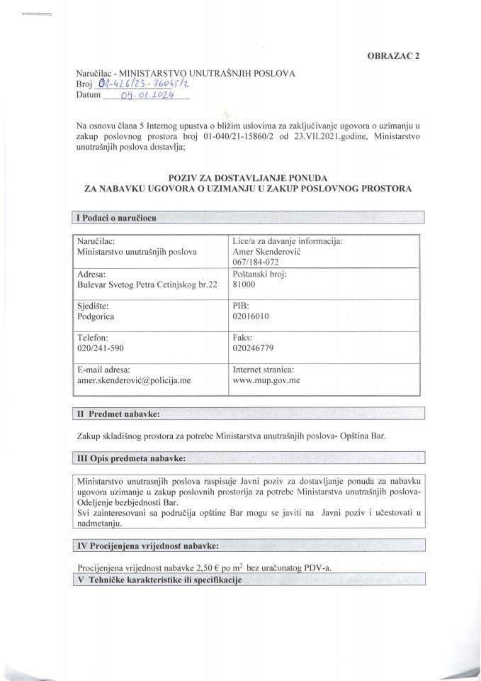 Poziv za dostavljanje ponuda za nabavku Ugovora o uzimanju u zakup ...