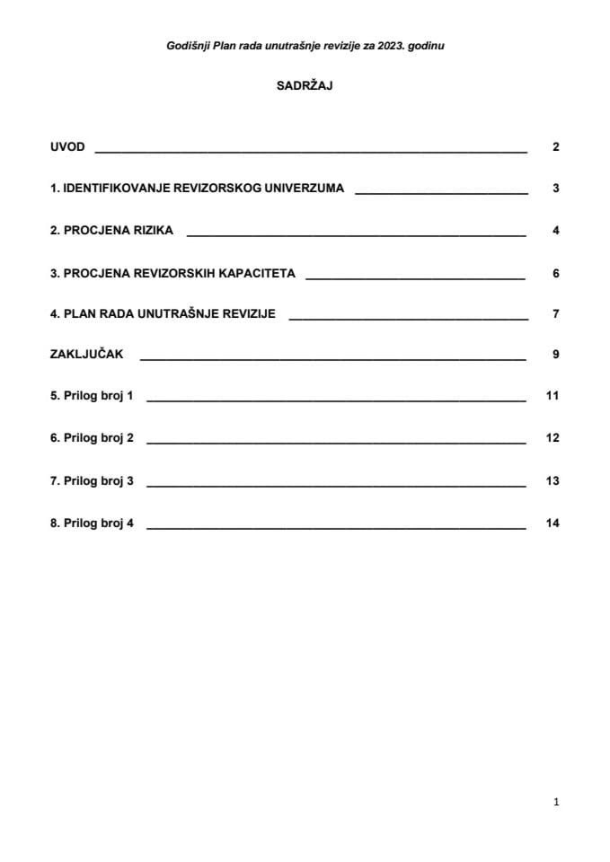 Godišnji plan rada unutrašnje revizije 2023