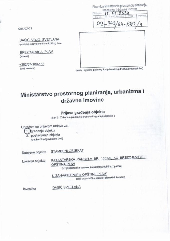 Prijava građenja objekta - 09-745-24-693-1 dašić svetlana