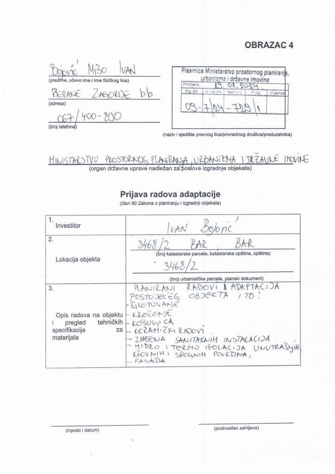 Prijava radova adaptacije - 09-7-24-729-1 ivan bojović