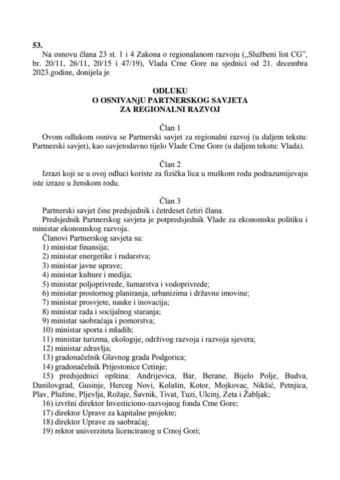 Odluka o osnivanju Partnerskog savjeta za regionalni razvoj Odluka o osnivanju Partnerskog savjeta za regionalni razvoj