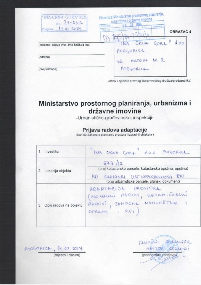 Prijava radova adaptacije - 09-745-24-2524-1 ina cg doo