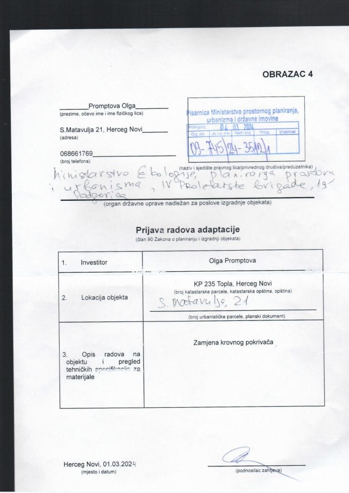 Prijava radova adaptacije - 2024. godina - 09-745-24-3512-1 olga promptova