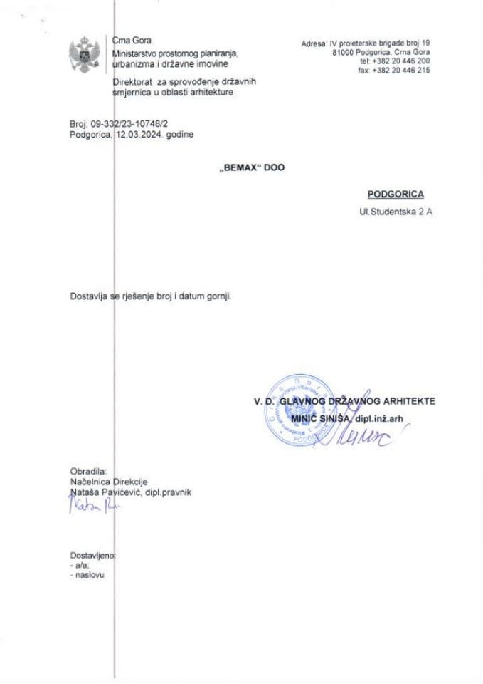 Rješenja glavnog državnog arhitekte - 12.03.2024 Rješenje -BEMAX DOO ...
