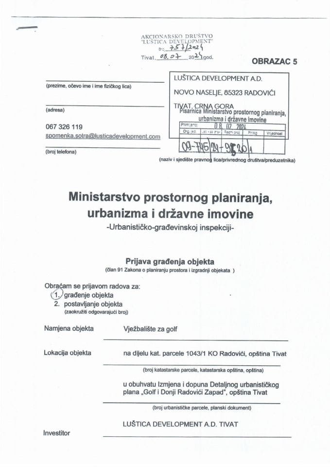Prijava građenja objekta - 09-745-24-9520-1 lustica development