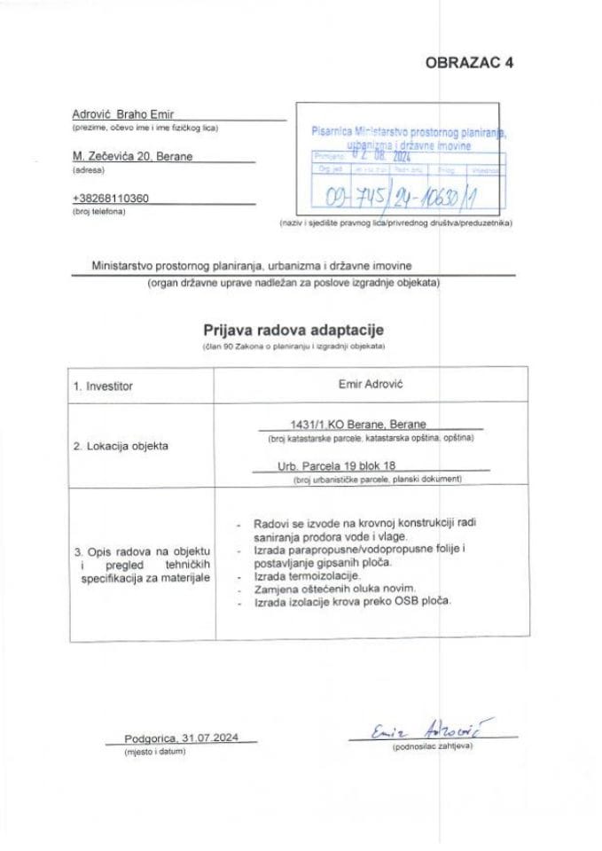 Prijava radova adaptacije - JU OŠ SRBIJA 09-745-24-10624-1