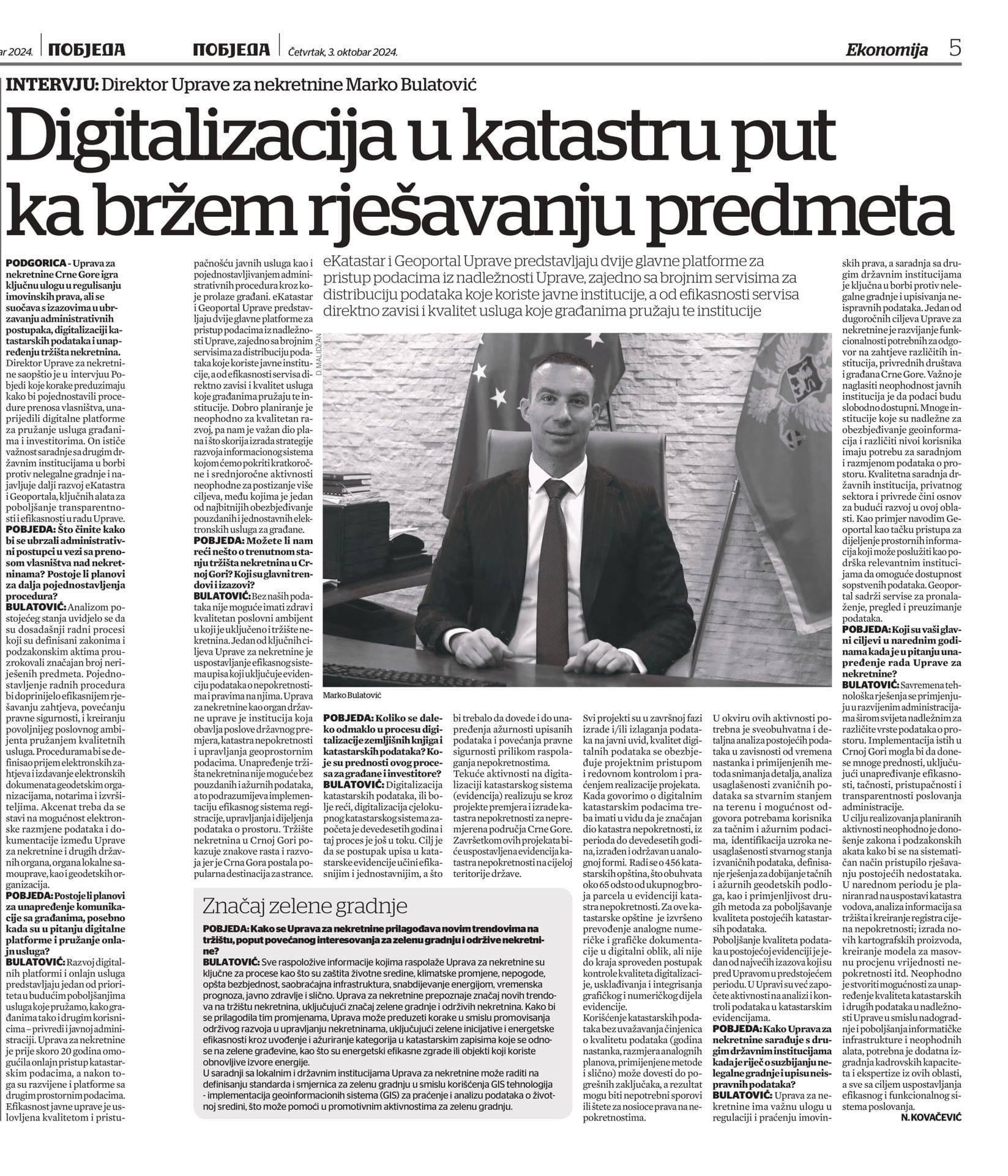 Intervju direktora Uprave za nekretnine mr Marka Bulatovića