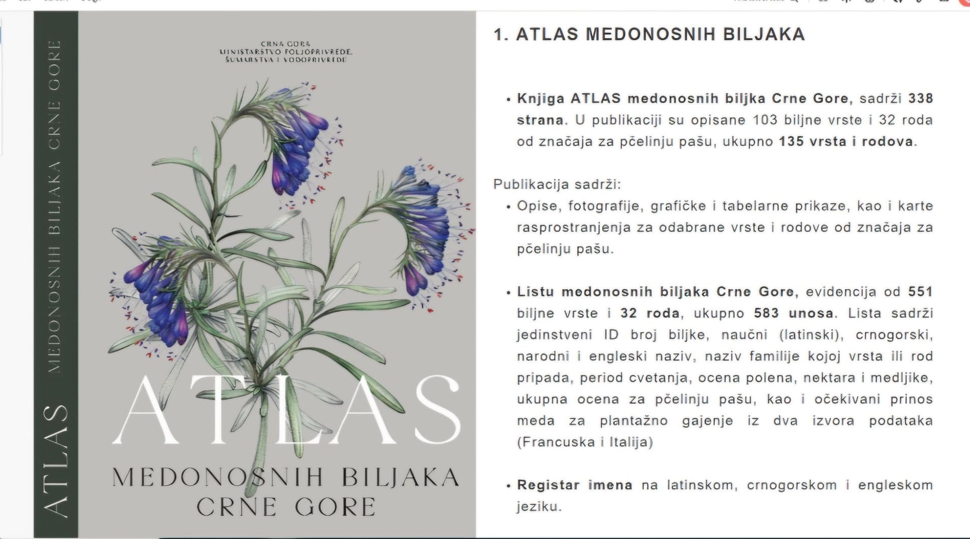 Projekat „Atlas medonosnog bilja sa katastrom pčelinjaka Crne Gore”