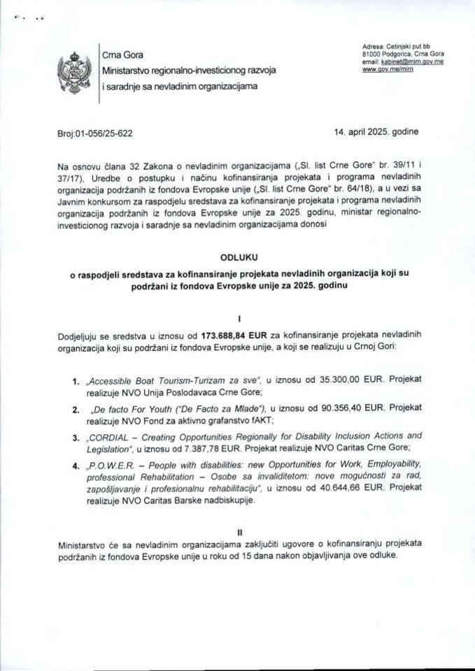 Odluka o raspodjeli sredstava za kofinansiranje projekata i programa ...