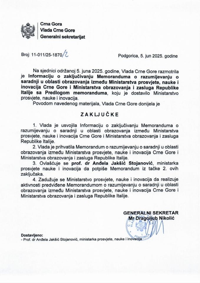 Informacija o zaključivanju Memoranduma o razumijevanju o saradnji u oblasti obrazovanja između ...