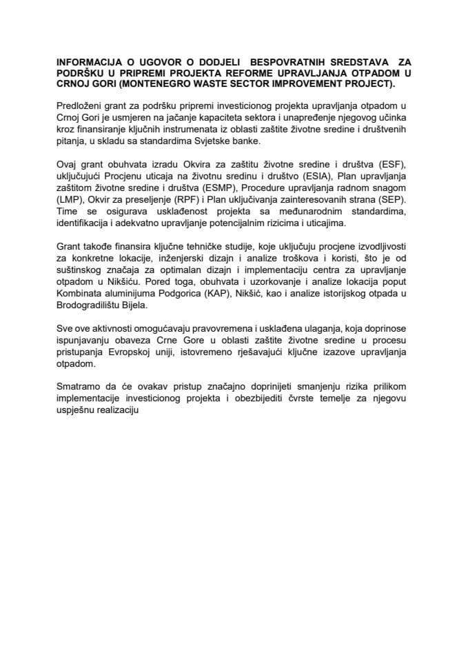 Informacija o Ugovoru o dodjeli bespovratnih sredstava za podršku u pripremi projekta reforme ...