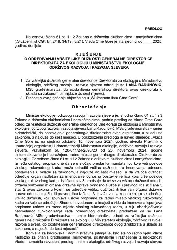 Predlog za određivanje vršiteljke dužnosti generalne direktorice Direktorata za ekologiju u ...
