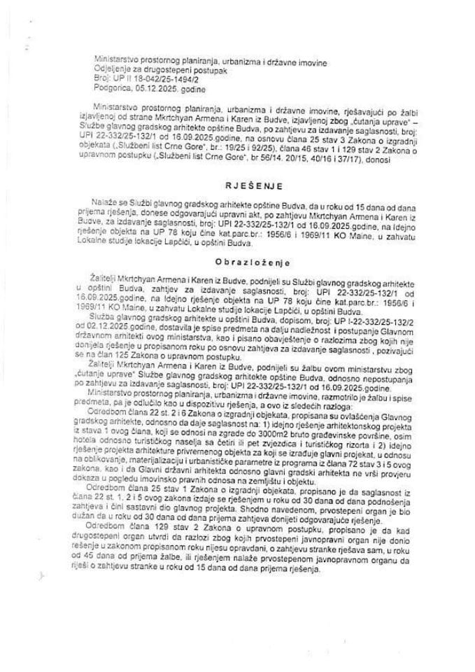 Drugostepena rješenja - UPII 18-042-25-1494-2 MKRTCHYAN ARMEN I KAREN